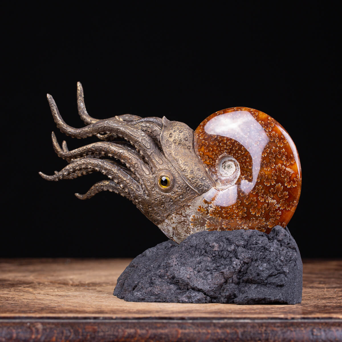 Sculpture d'ammonite avec détails en laiton